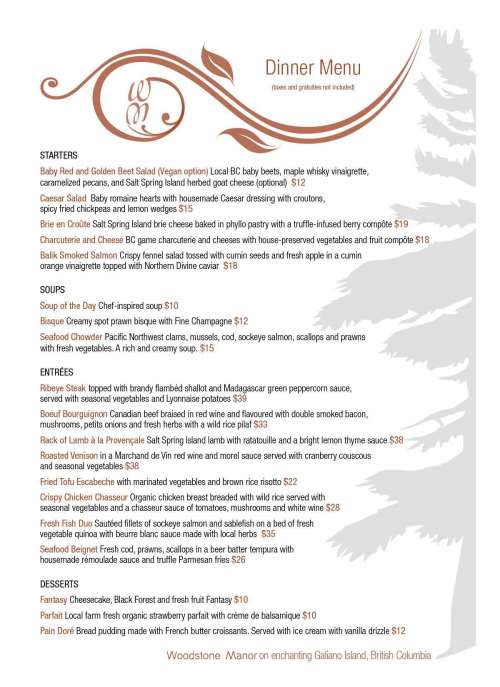 Woodstone Restaurant and Lounge menu in Mayne Island, British Columbia ...