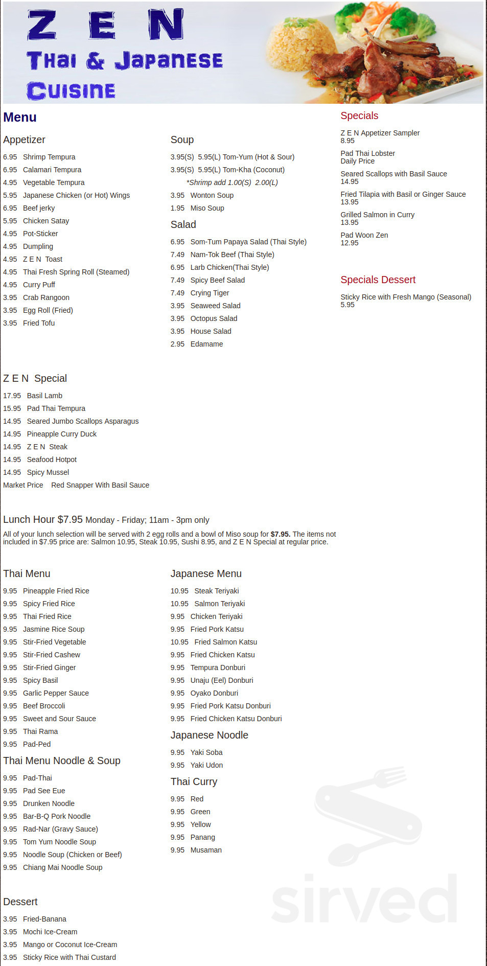 Menu for ZEN Thai & Japanese Cuisine in St. Louis, Missouri, United States