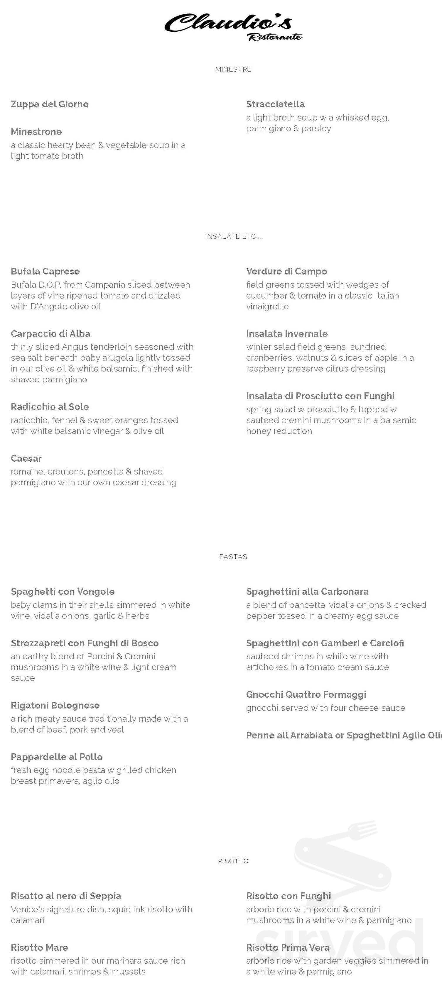 Claudio's menu in Hamilton, Ontario, Canada