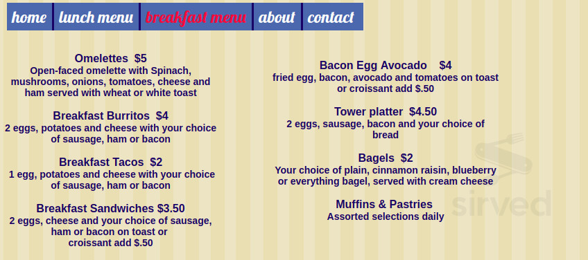 Blue Tower Cafe menu in Fort Worth, Texas, USA