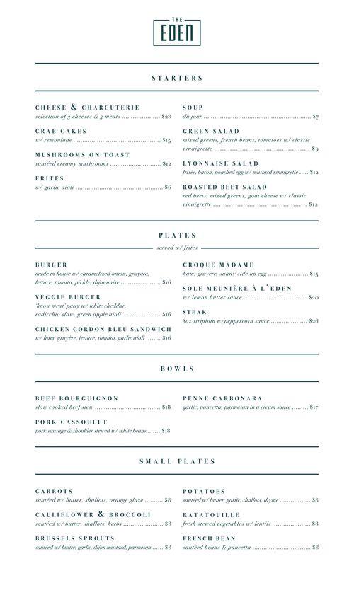 The Eden menu in Calgary, Alberta, Canada