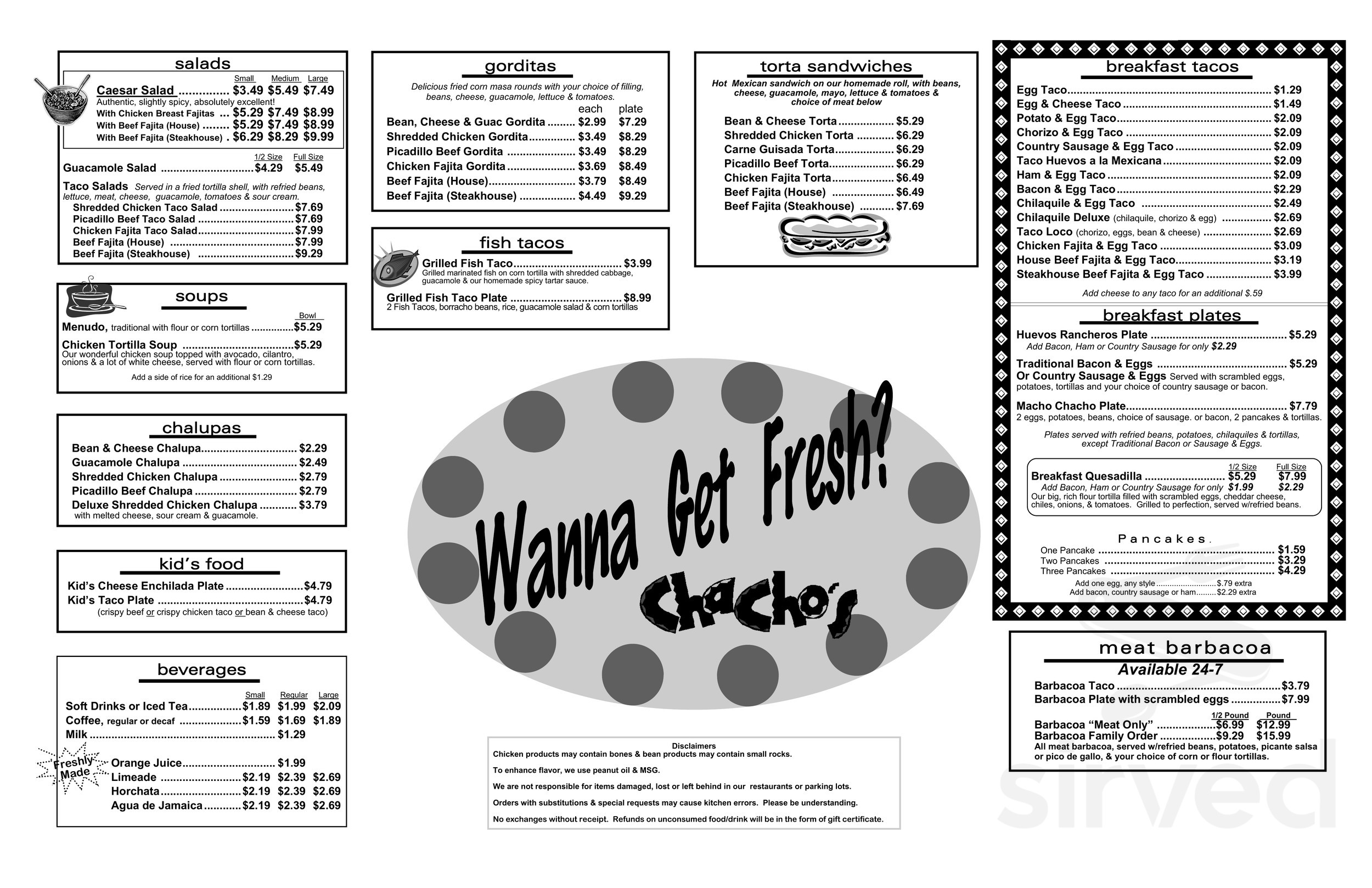 Chacho's menu in San Antonio, Texas, USA