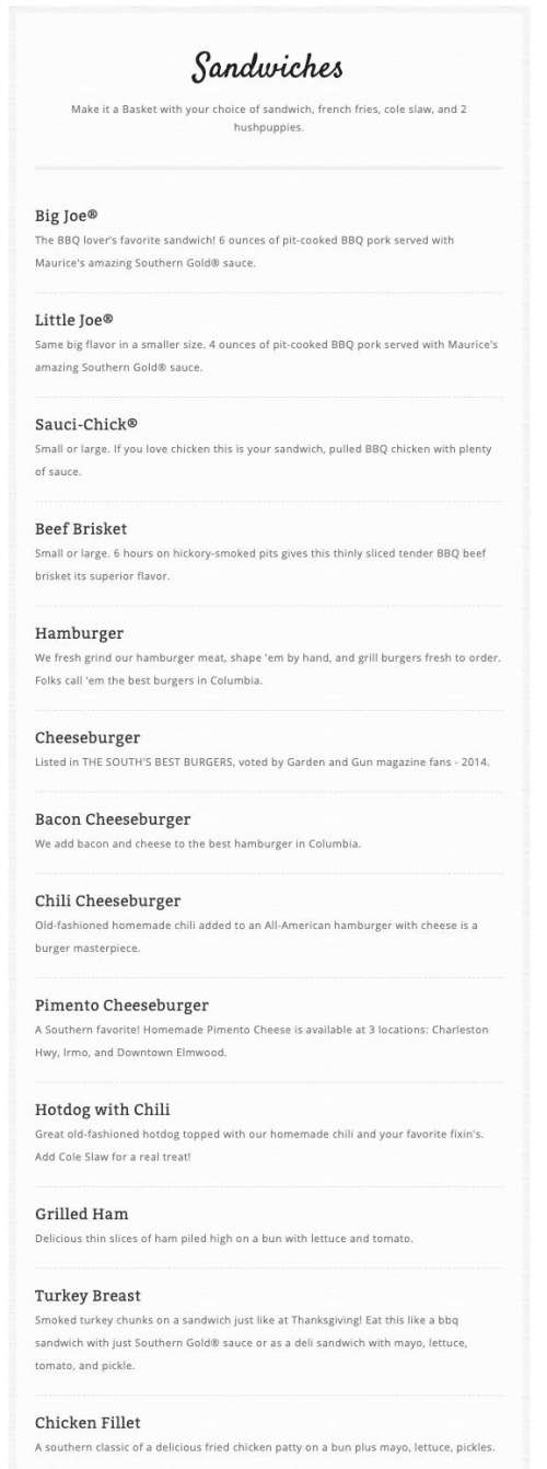 Maurice's BBQ Piggie Park menu in Columbia, South Carolina, USA