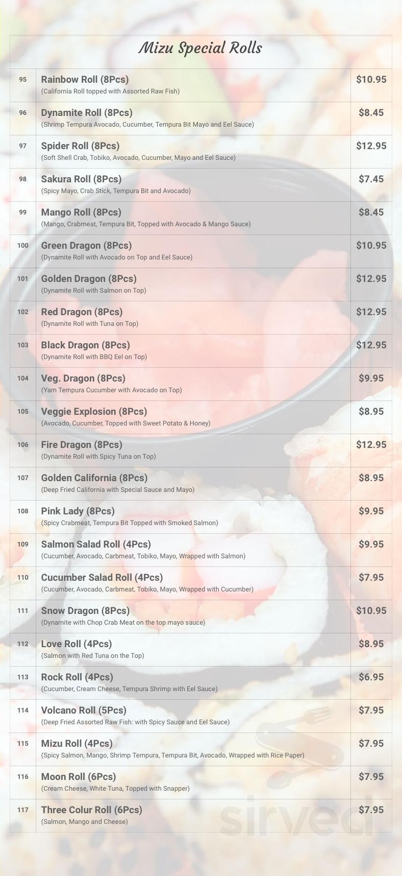 Mizu All You Can Eat menus in Dartmouth, Nova Scotia, Canada