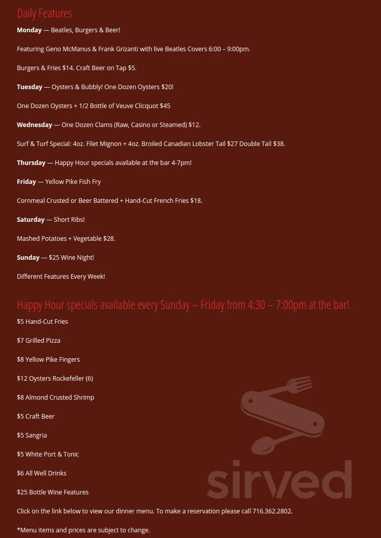 Remington Tavern and Seafood Exchange Menu - North Tonawanda, New York ...