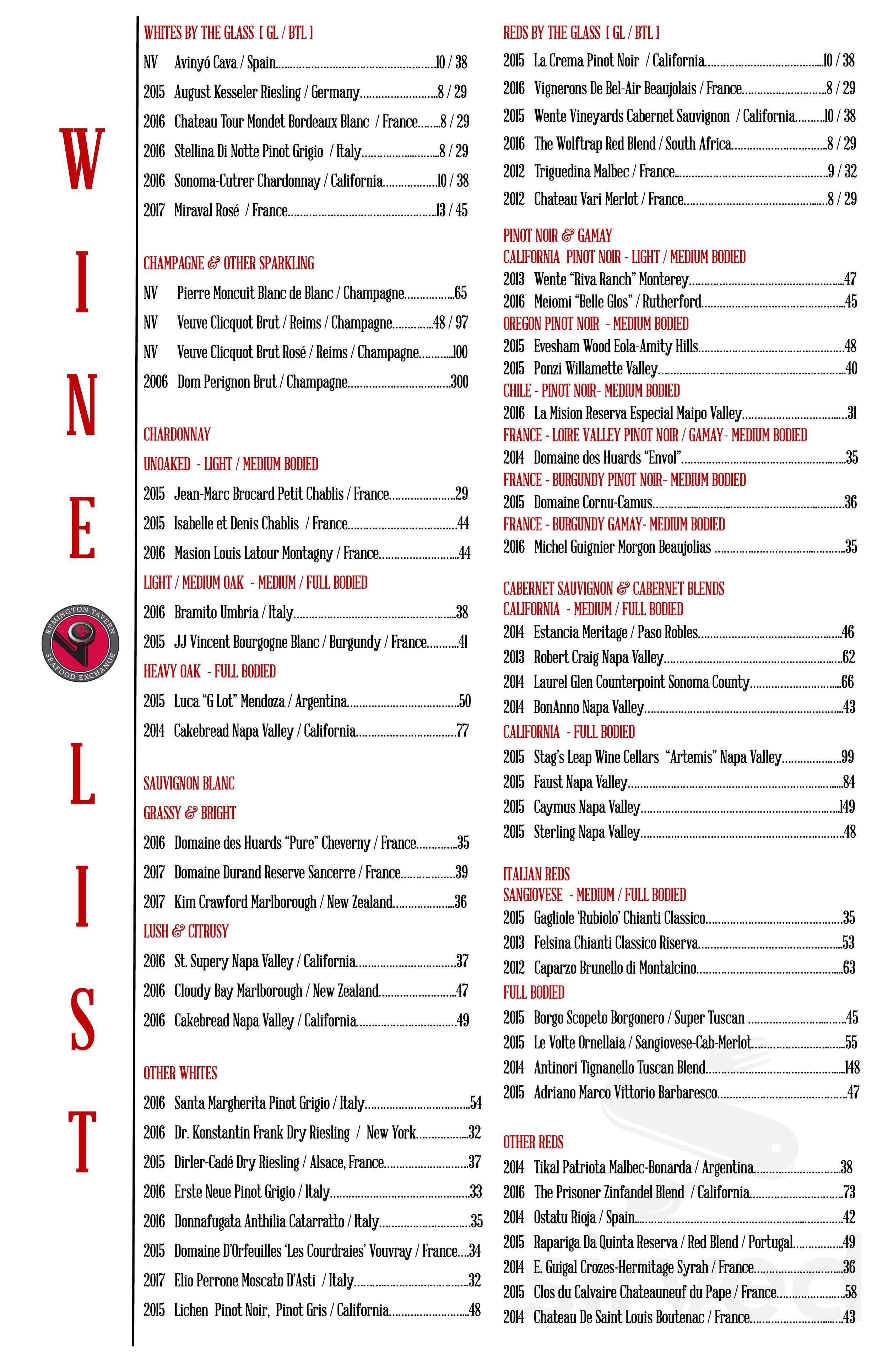 Remington Tavern and Seafood Exchange menu in North Tonawanda, New York ...