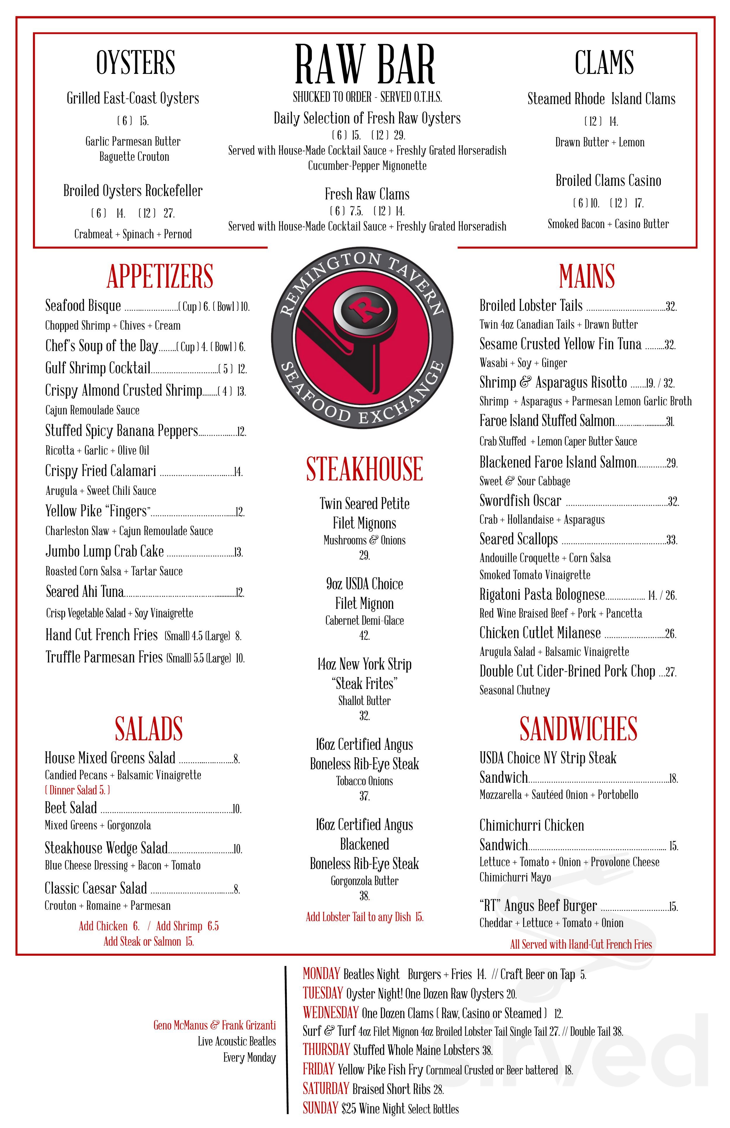 Menu for Remington Tavern and Seafood Exchange in North Tonawanda, NY ...