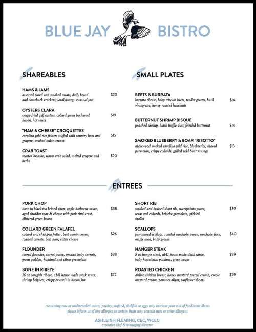 Blue Jay Bistro menu in Littleton, North Carolina, USA