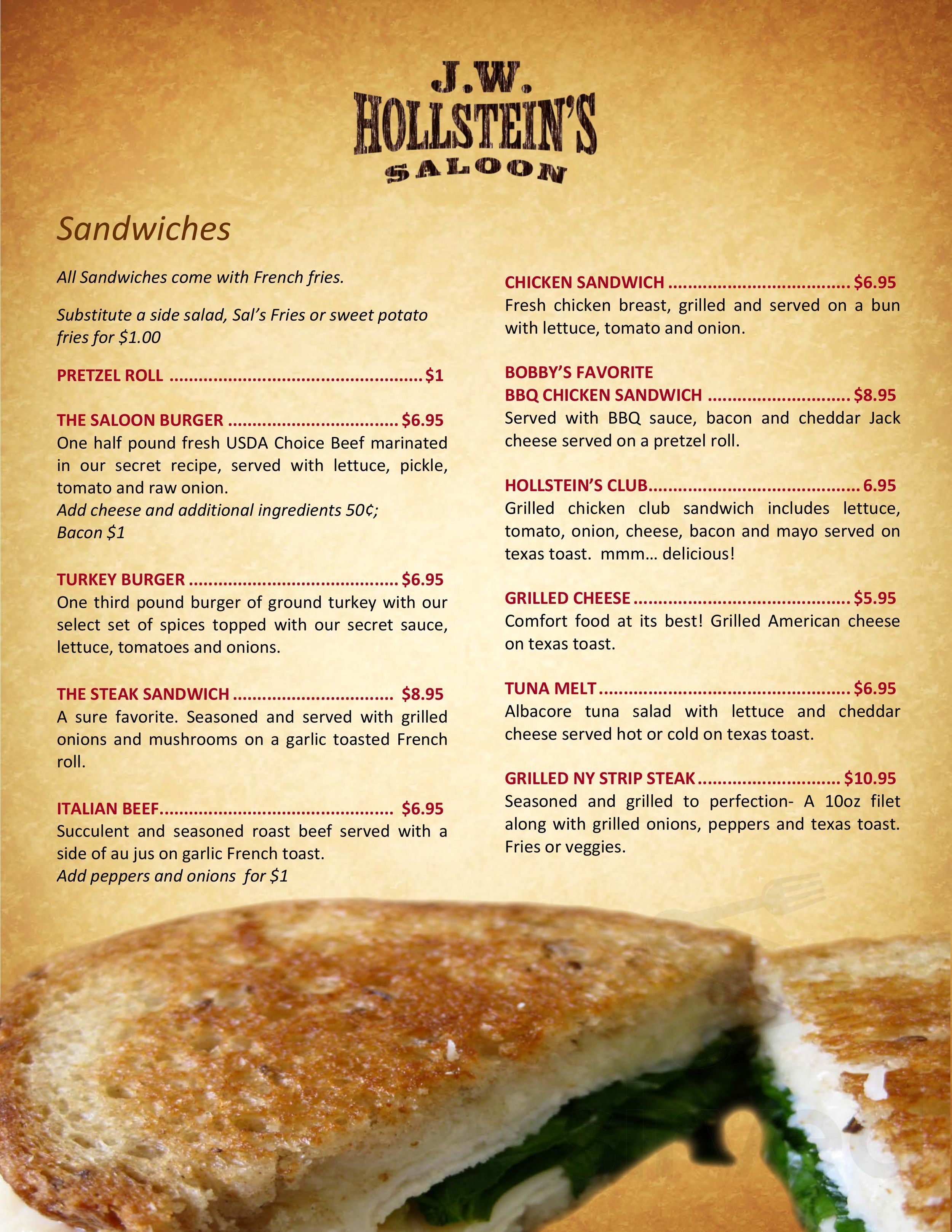 J W Hollstein's Saloon menu in Tinley Park, Illinois, USA