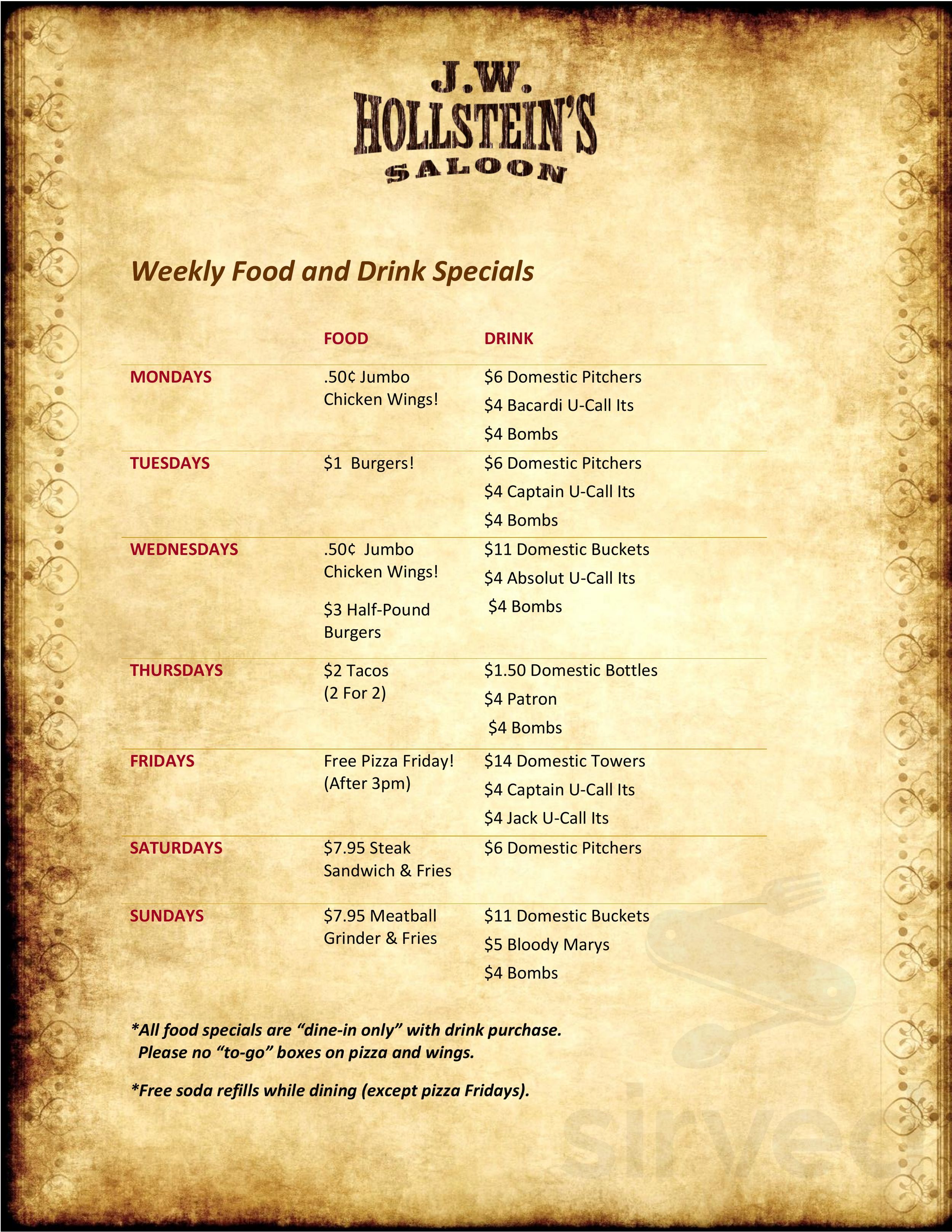 J W Hollstein's Saloon menu in Tinley Park, Illinois, USA