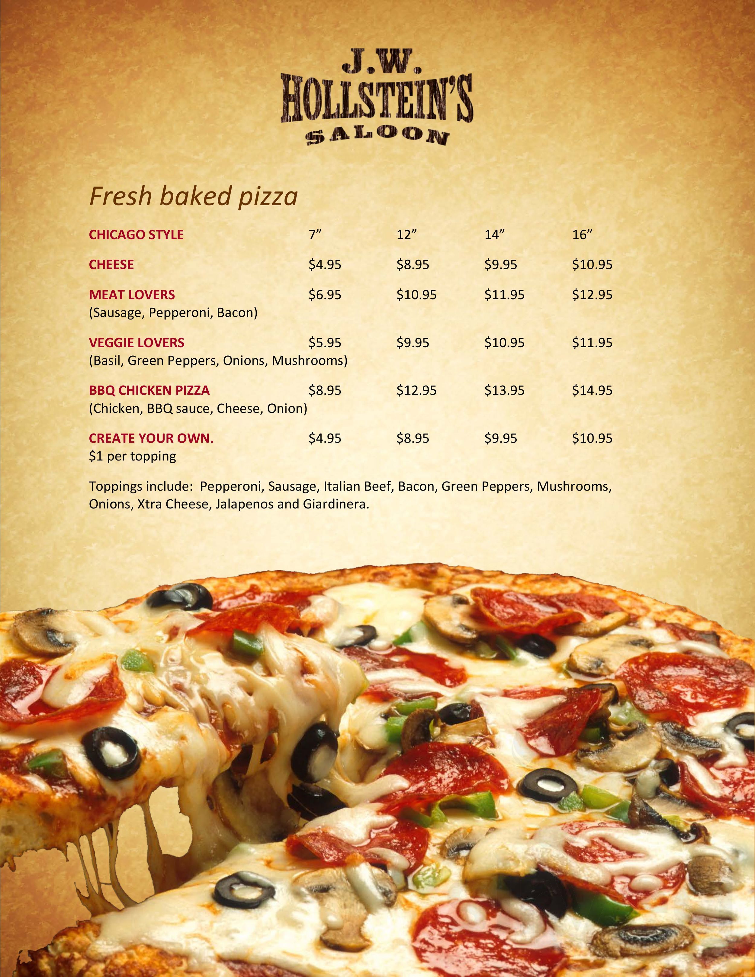 J W Hollstein's Saloon menu in Tinley Park, Illinois, USA