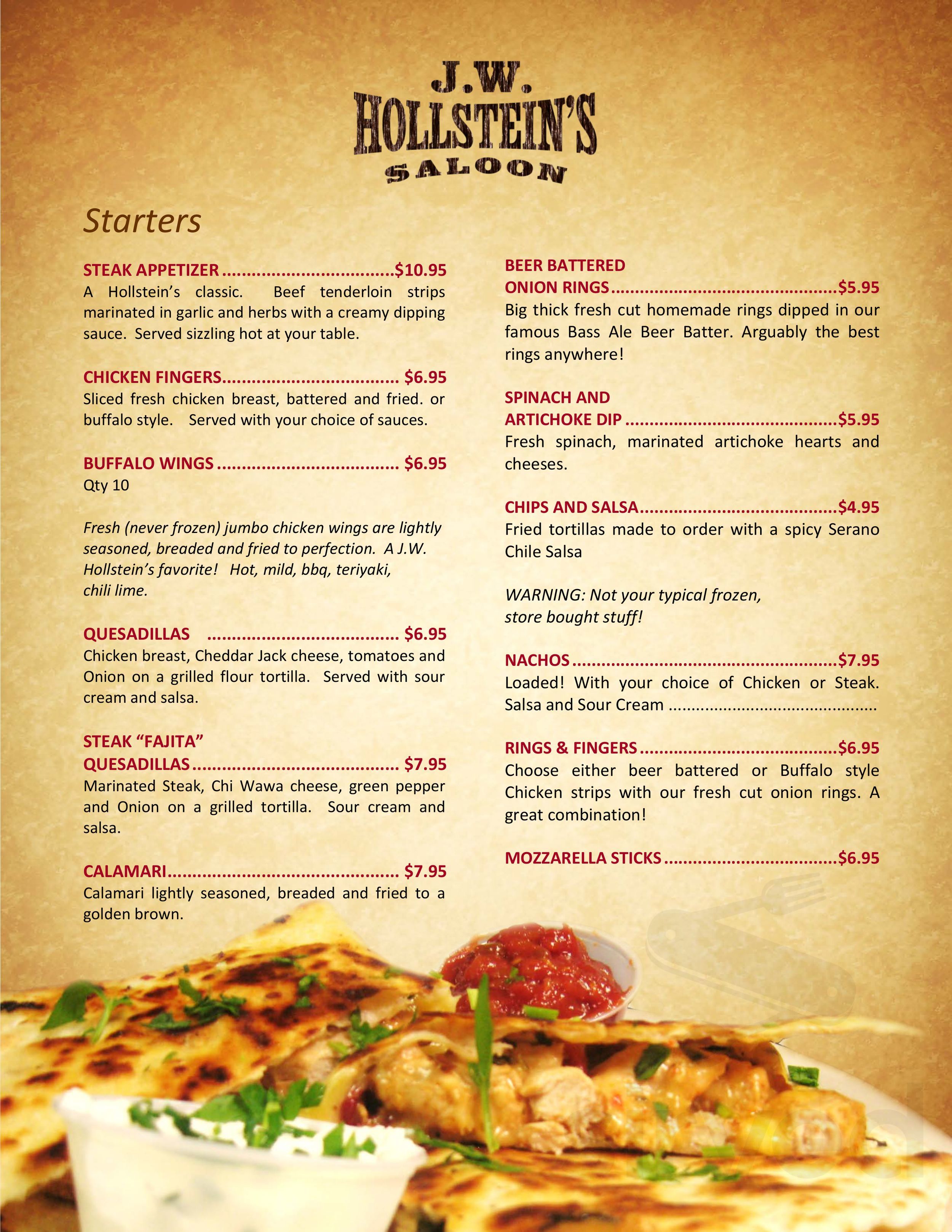 J W Hollstein's Saloon menu in Tinley Park, Illinois, USA