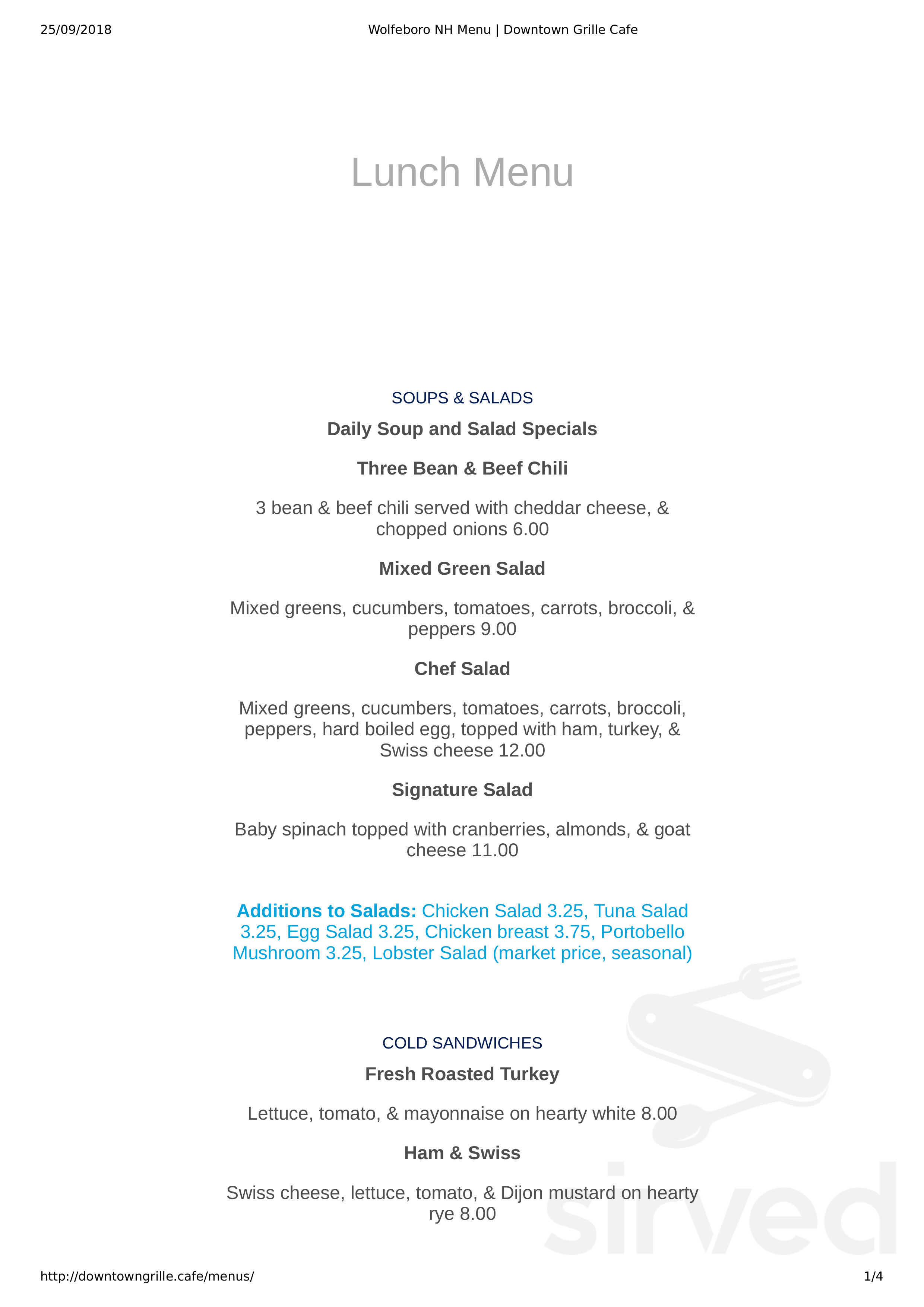 Downtown Grille Cafe menu in Wolfeboro, New Hampshire, USA