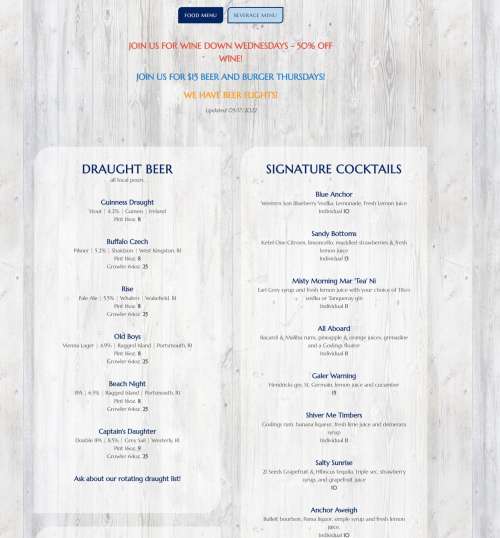 Blue Anchor Grill menu in Portsmouth, Rhode Island, USA