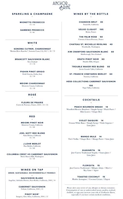 Anchor and Brine menu in Tampa, Florida, USA