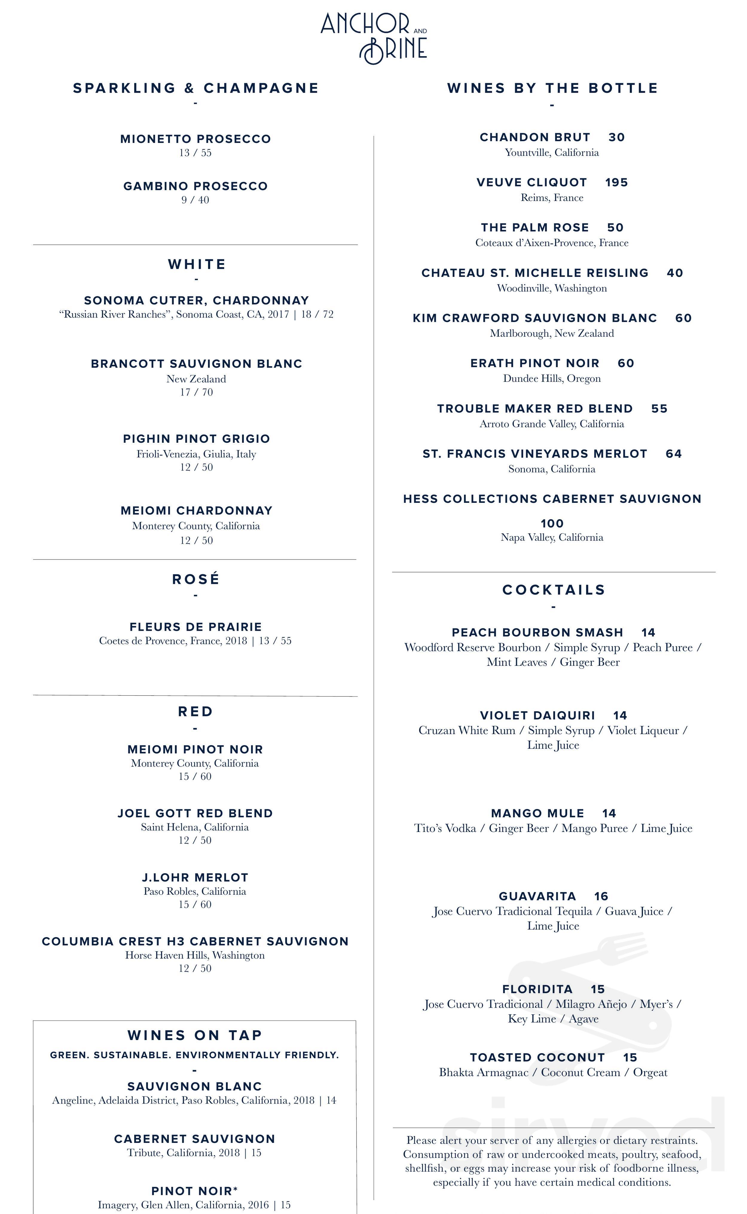 Anchor and Brine menu in Tampa, Florida, USA