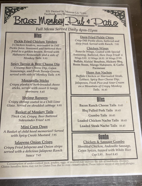 Brass Monkey Pub & Patio menu in Monroe, Louisiana, USA