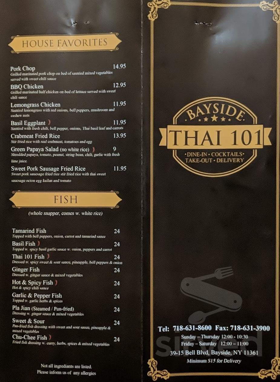 Thai 101 menu in Bayside, New York, USA