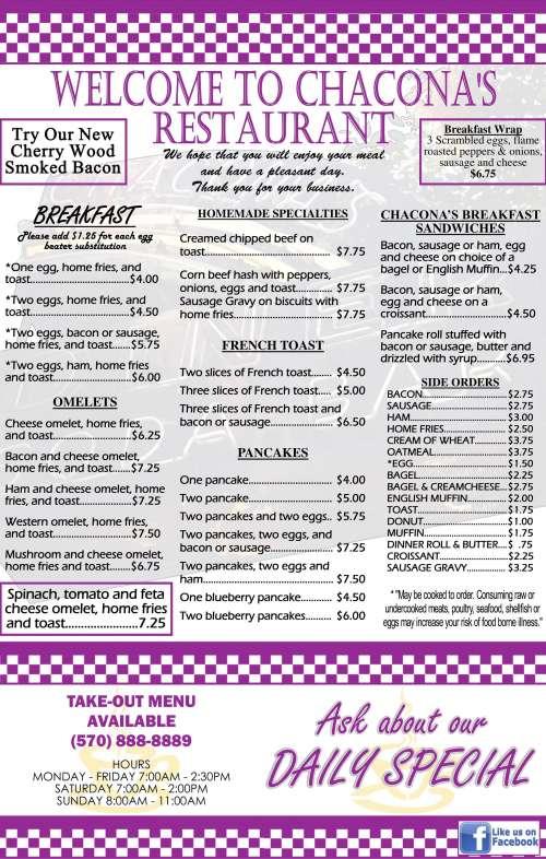 Chacona's menu in Sayre, Pennsylvania, USA