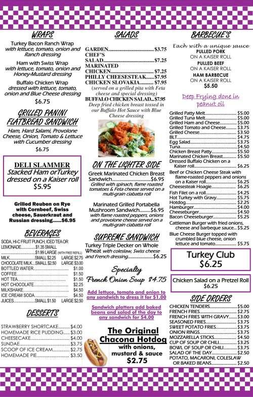 Chacona's menu in Sayre, Pennsylvania, USA