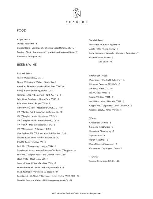 Seabird menu in Draper, Utah, USA