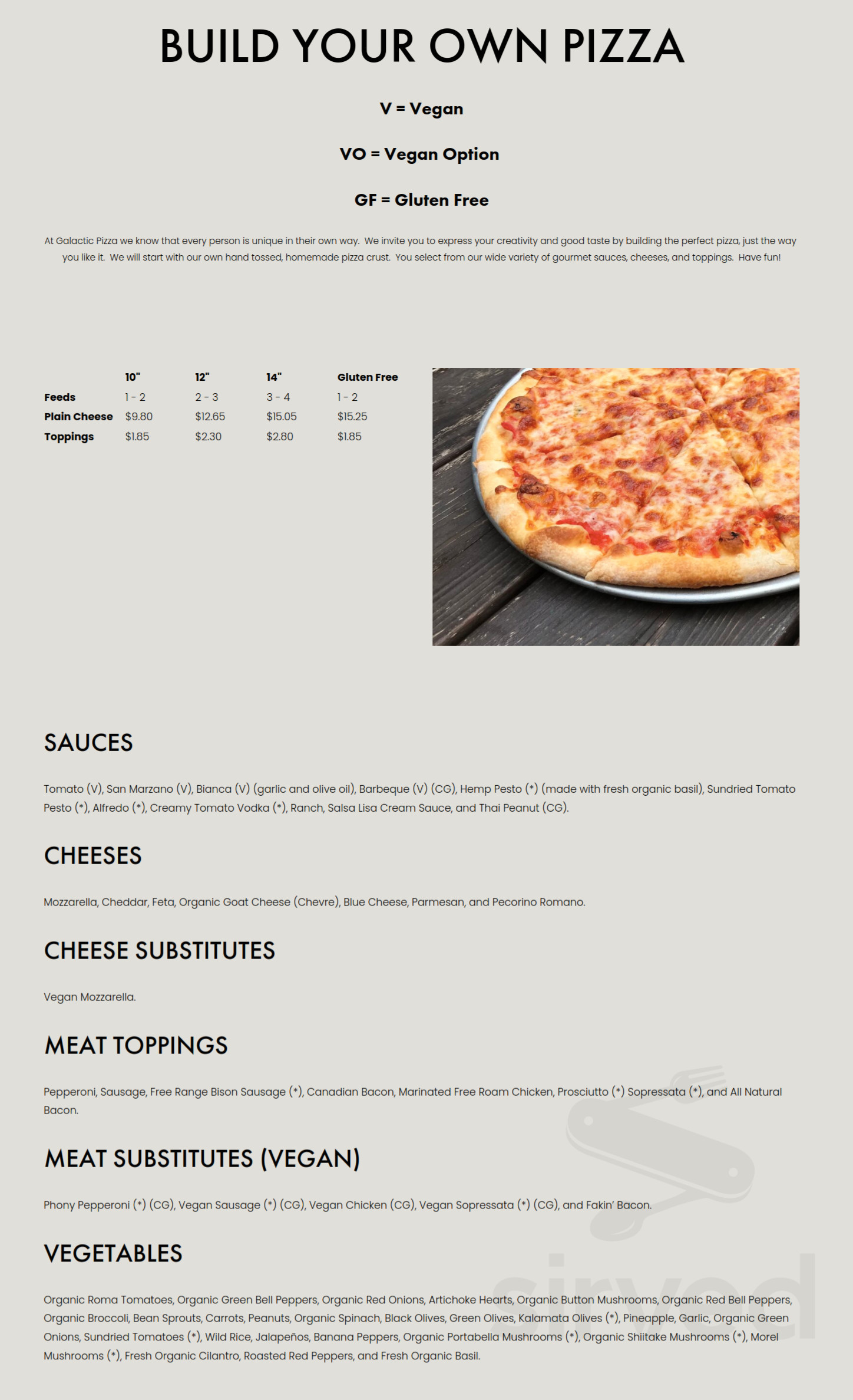 Galactic Pizza menu in Minneapolis, Minnesota, USA