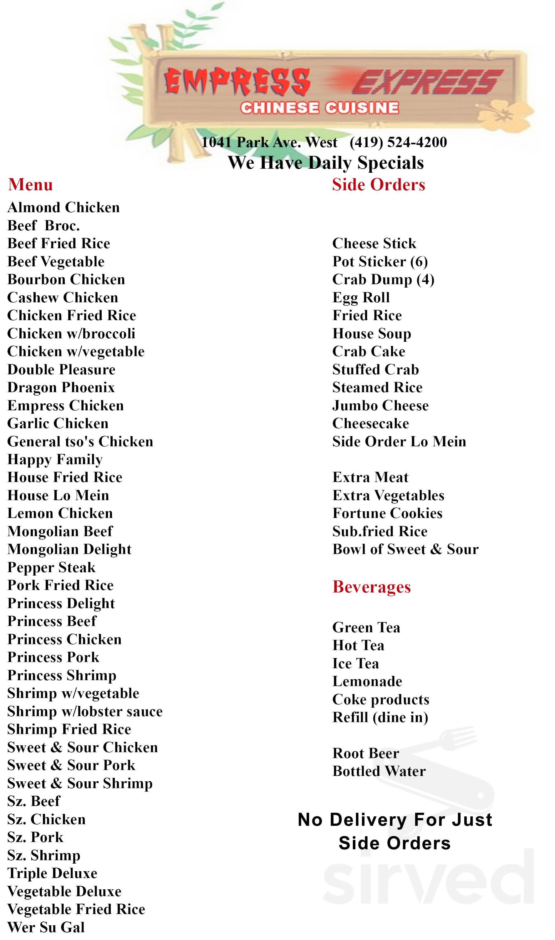 Menu for Empress Express in Mansfield, OH | Sirved