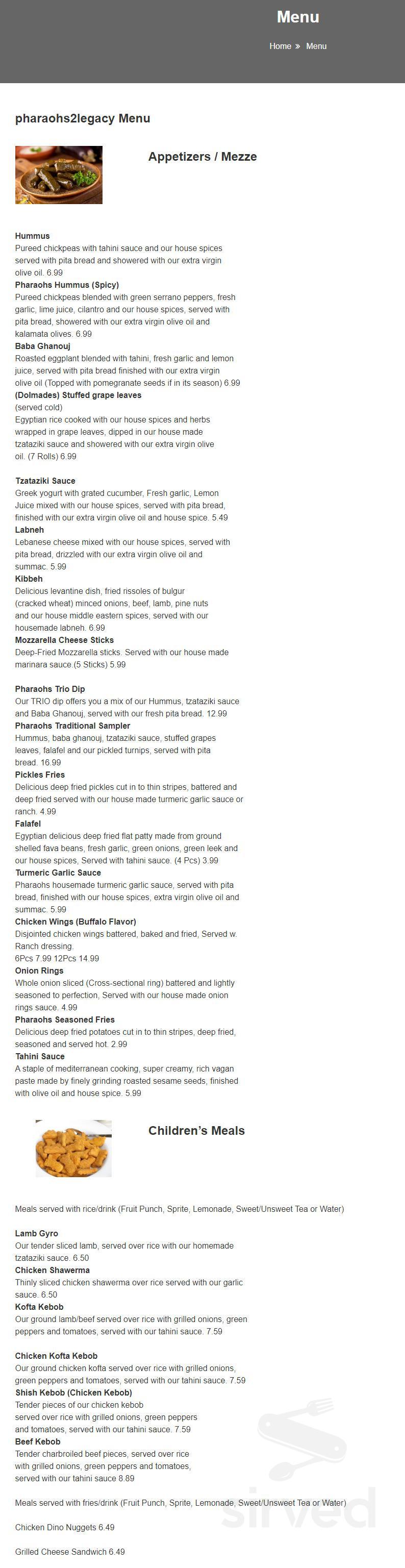 Menu - Fayetteville NC's Pharaohs Legacy | Sirved