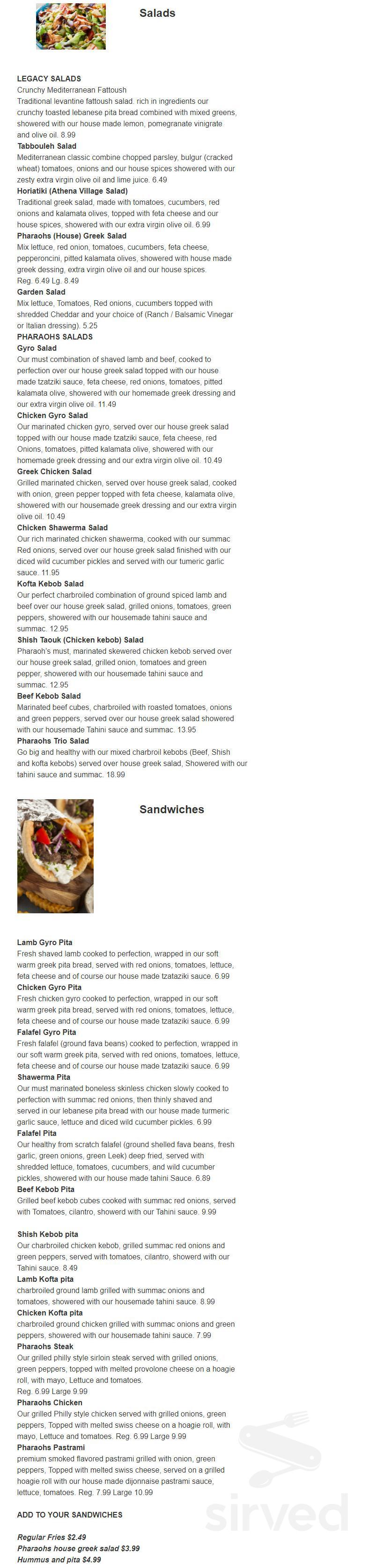 Menu - Fayetteville NC's Pharaohs Legacy | Sirved