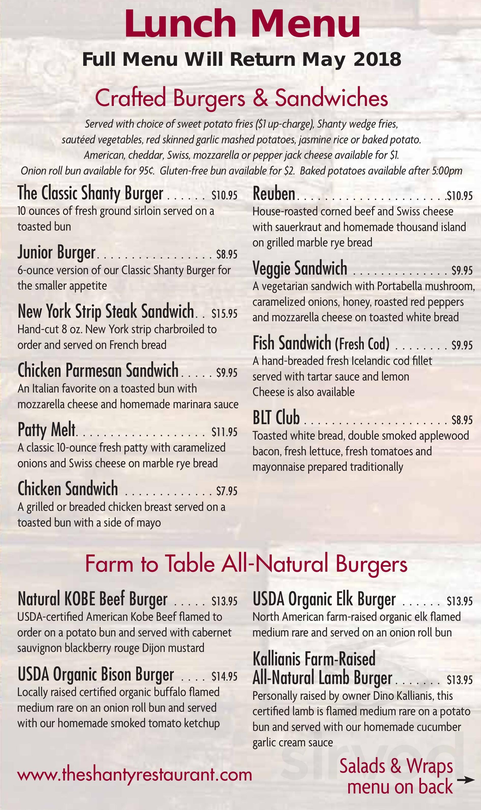 The Shanty Restaurant menu in Wadsworth, Illinois, USA