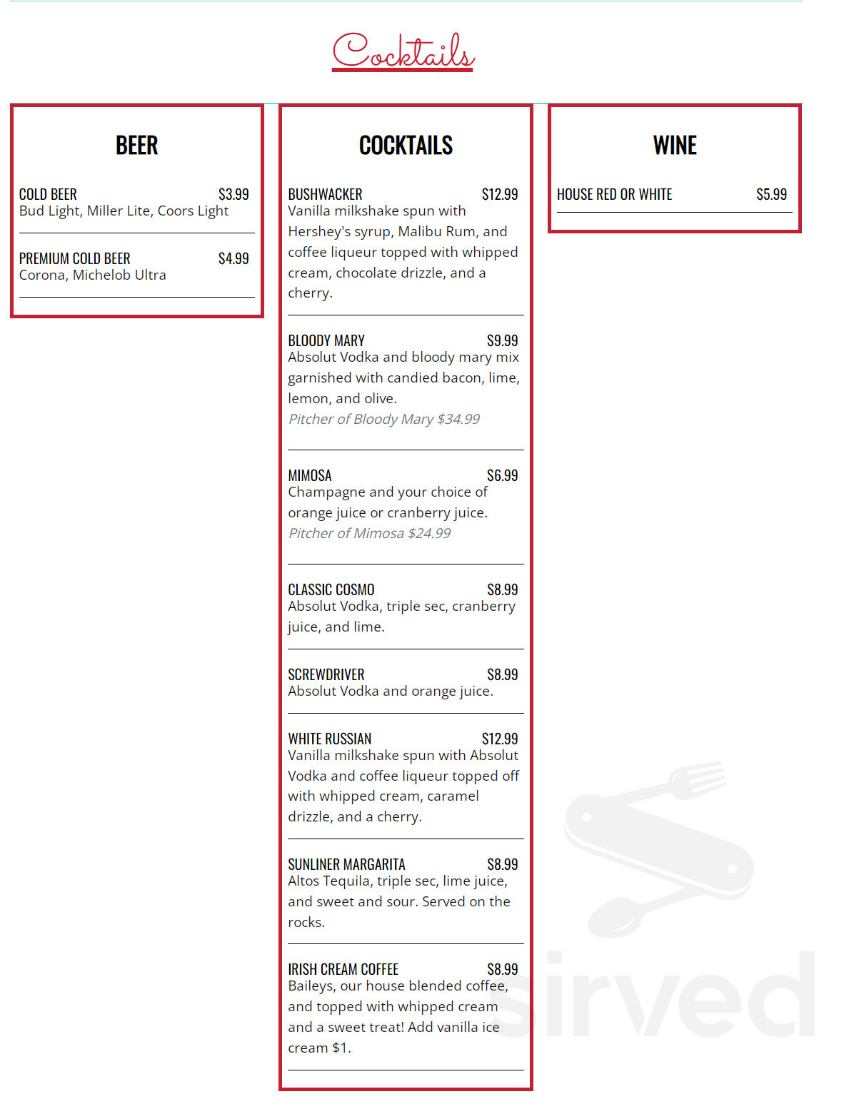 Sunliner Diner menu in Gulf Shores, Alabama, USA