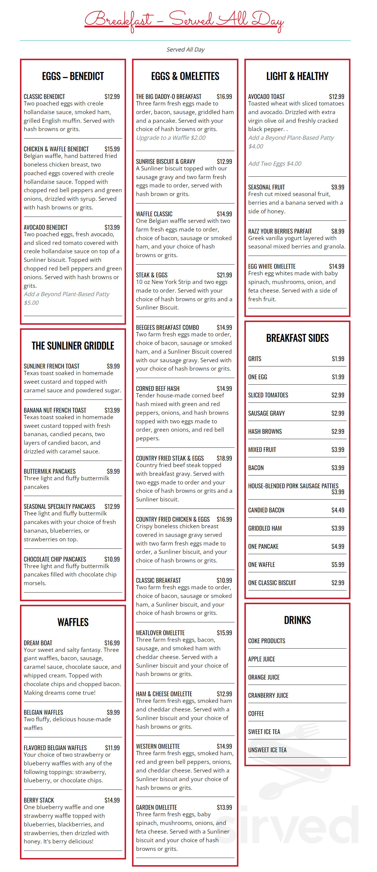 Sunliner Diner menu in Gulf Shores, Alabama, USA