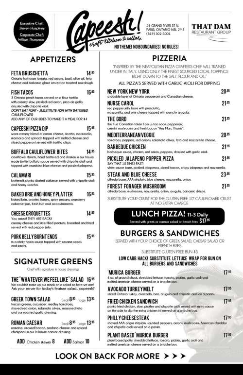 Capeesh Craft Kitchen & Cellar menu in Paris, Ontario, Canada