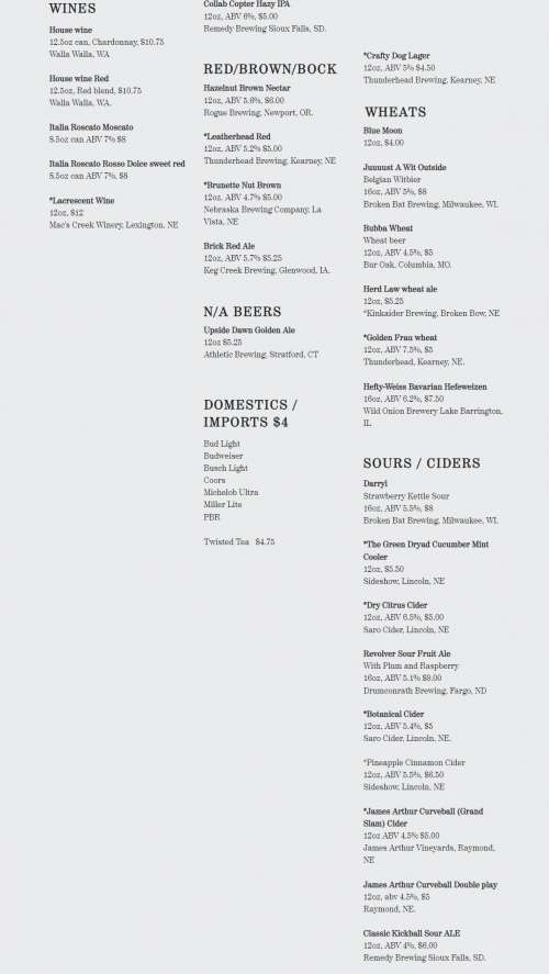 The Crafty Dog Sports Bar menu in Kearney, Nebraska, USA