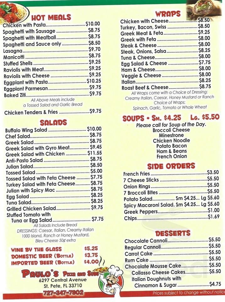 Paulo's Pizza & Subs menu in St. Petersburg, Florida, USA