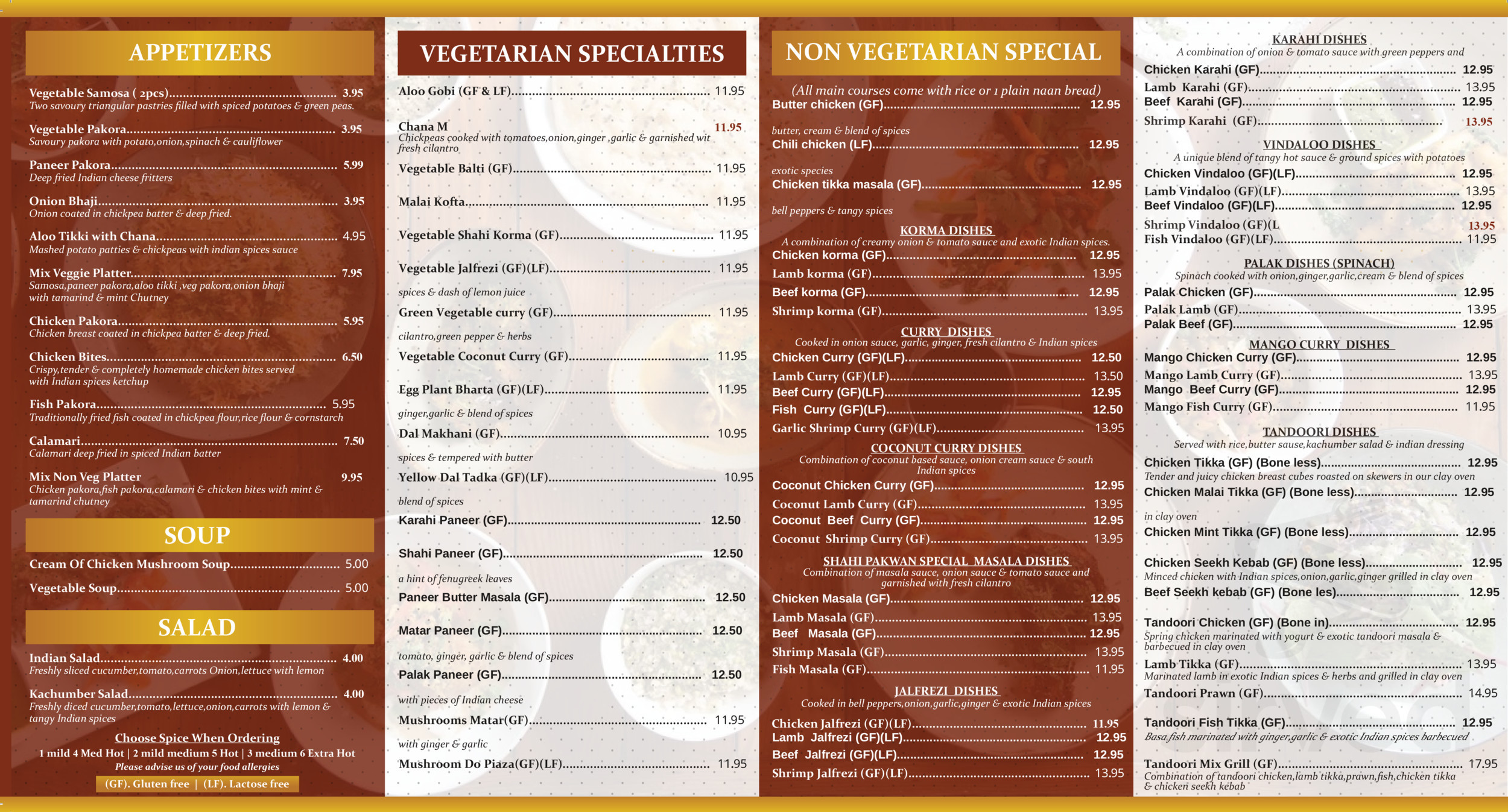 Shahi Pakwan menu in Vernon, British Columbia, Canada