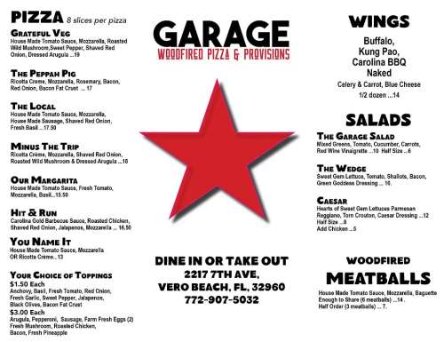 Garage wood fired pizza menu in Vero Beach, Florida, USA