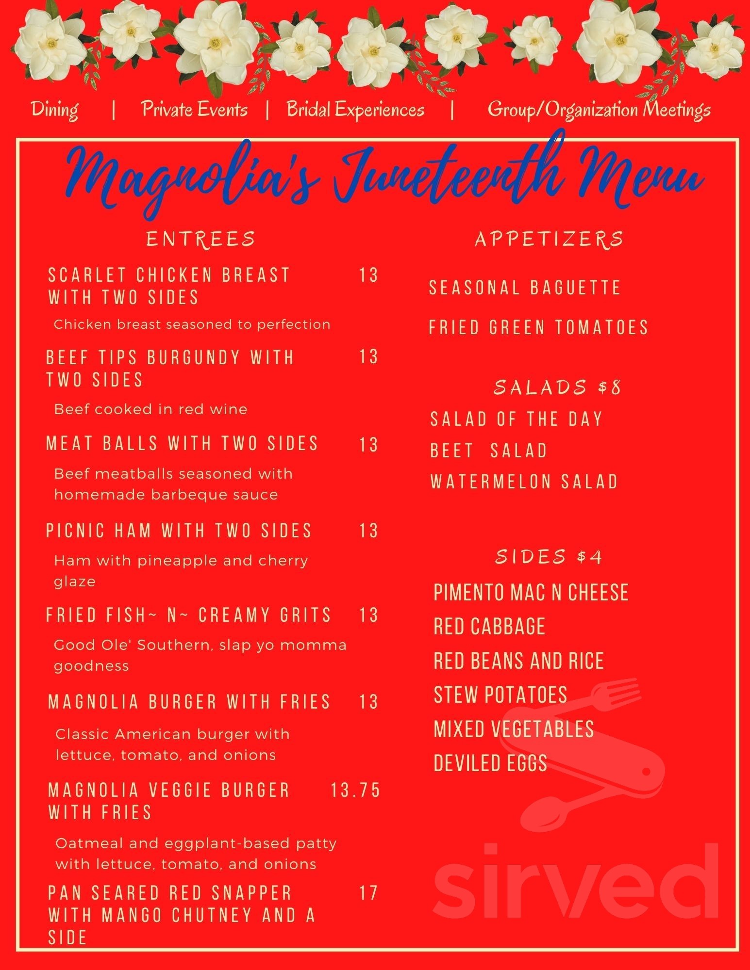 The Historic Magnolia House menu in Greensboro, North Carolina, USA