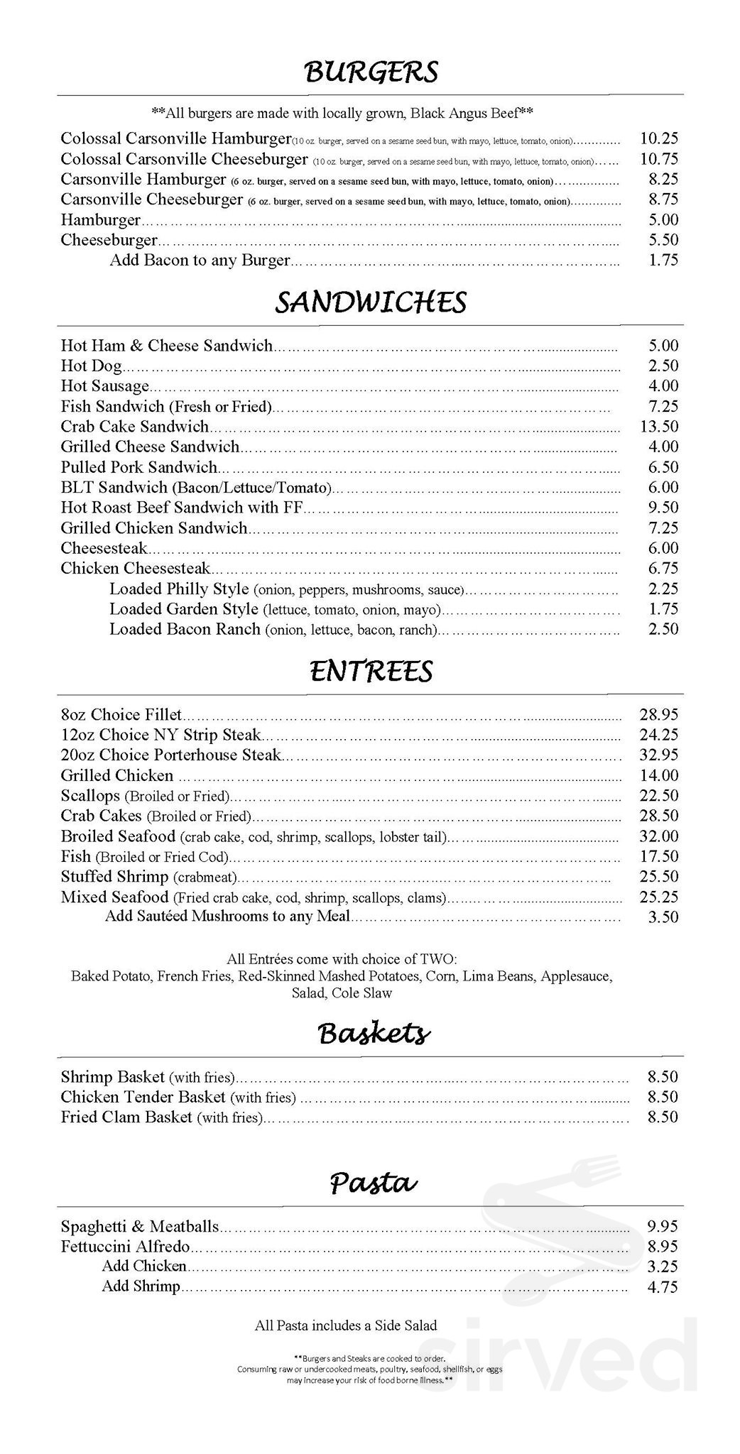Carsonville Hotel menu in Halifax, Pennsylvania, USA
