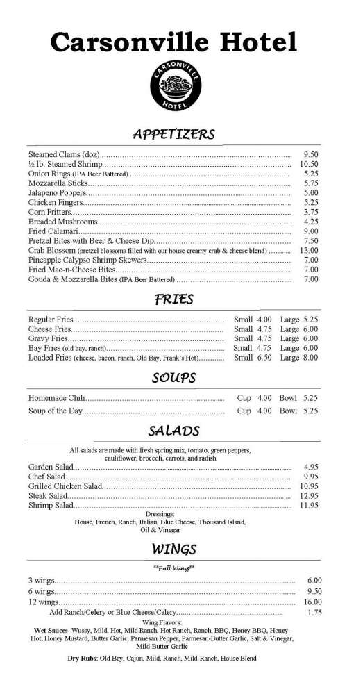 Carsonville Hotel menu in Halifax, Pennsylvania, USA