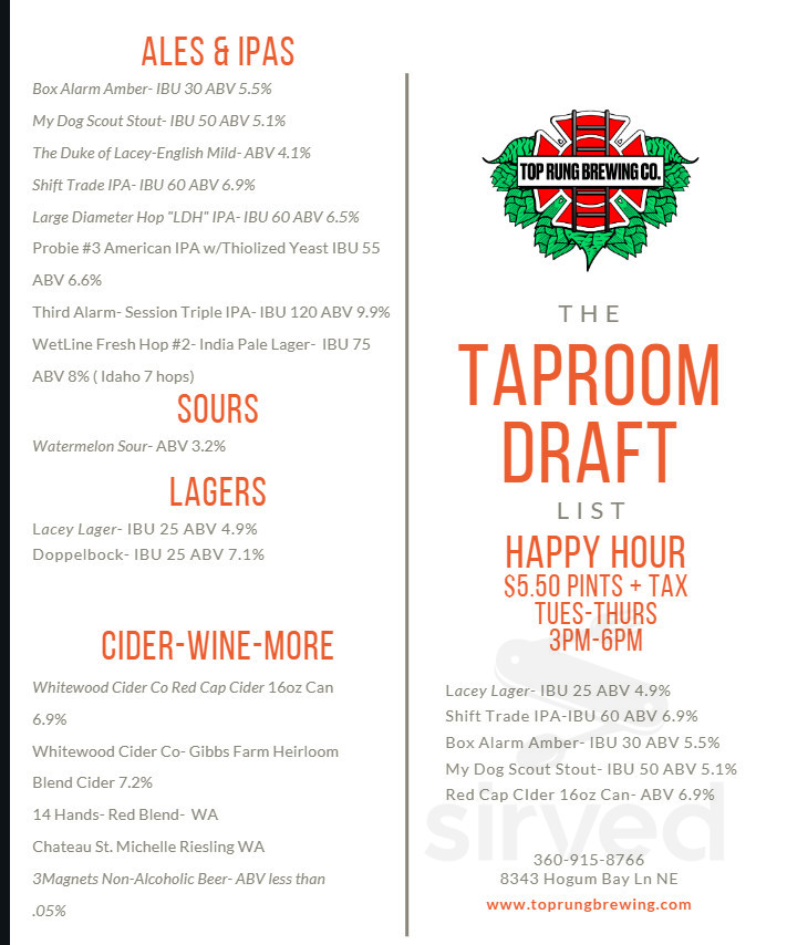 Top Rung Brewing Company menu in Lacey, Washington, USA