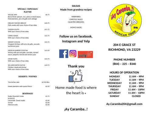 Ay Caramba Mexican Food menu in Richmond, Virginia, USA