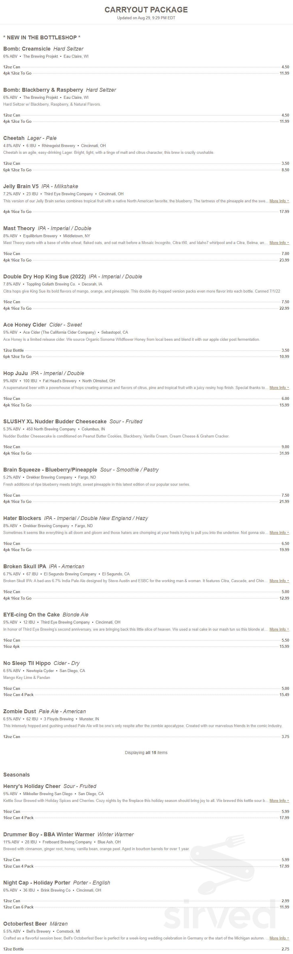 Menu for 1860 Taproom & Bottleshop in Harrison, OH | Sirved