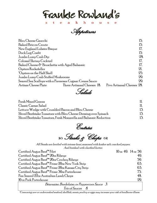 Frankie Rowland's Steakhouse Salem menu in Salem, Virginia, USA