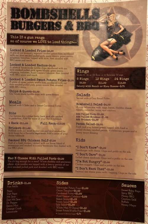 Bombshells Burgers & BBQ menu in Huntington, West Virginia, USA