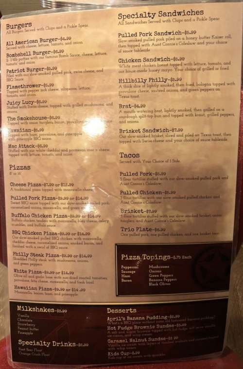 Bombshells Burgers & BBQ menu in Huntington, West Virginia, USA