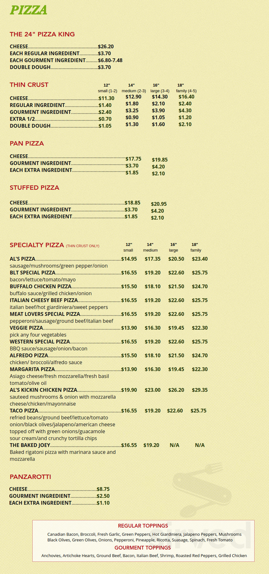 Al's Pizza menu in Norridge, Illinois, USA