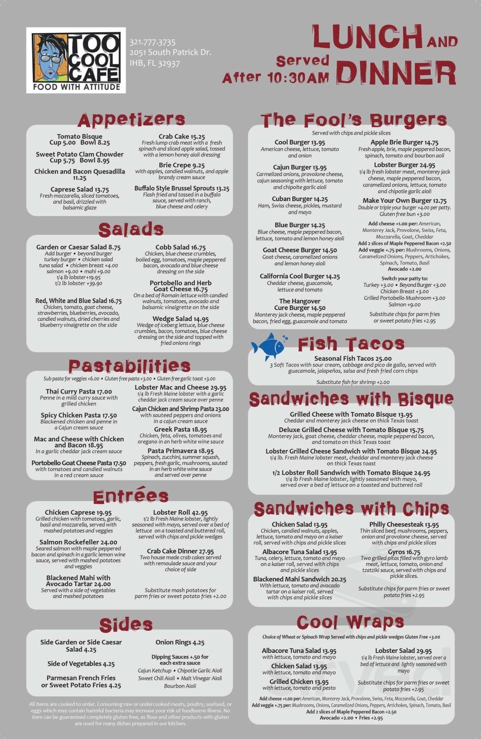 Too Cool Cafe menu in Indian Harbour Beach, Florida, USA