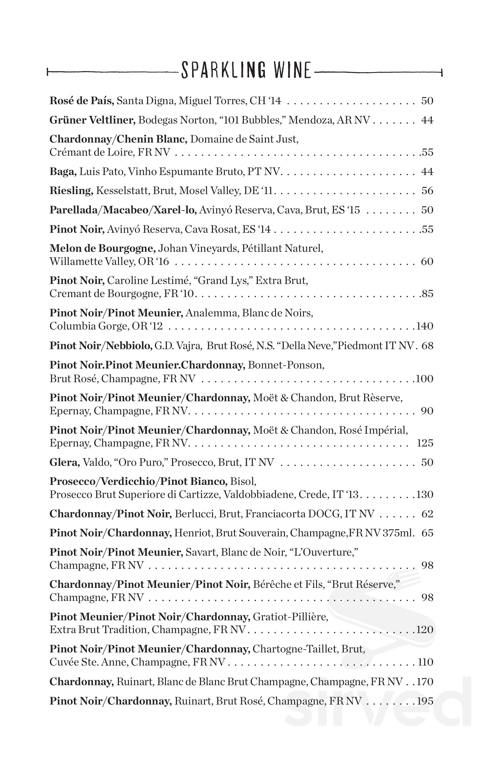 OX Restaurant menu in Portland, Oregon, USA