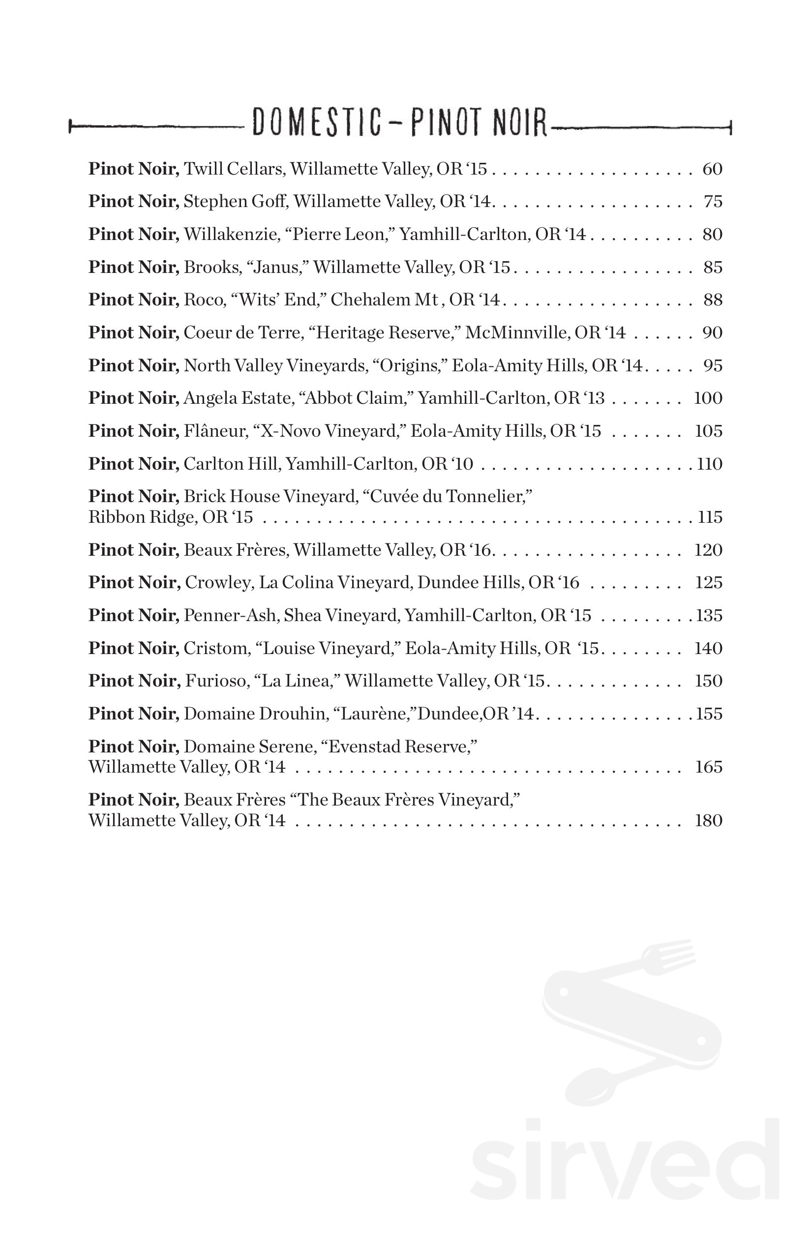 OX Restaurant menu in Portland, Oregon, USA